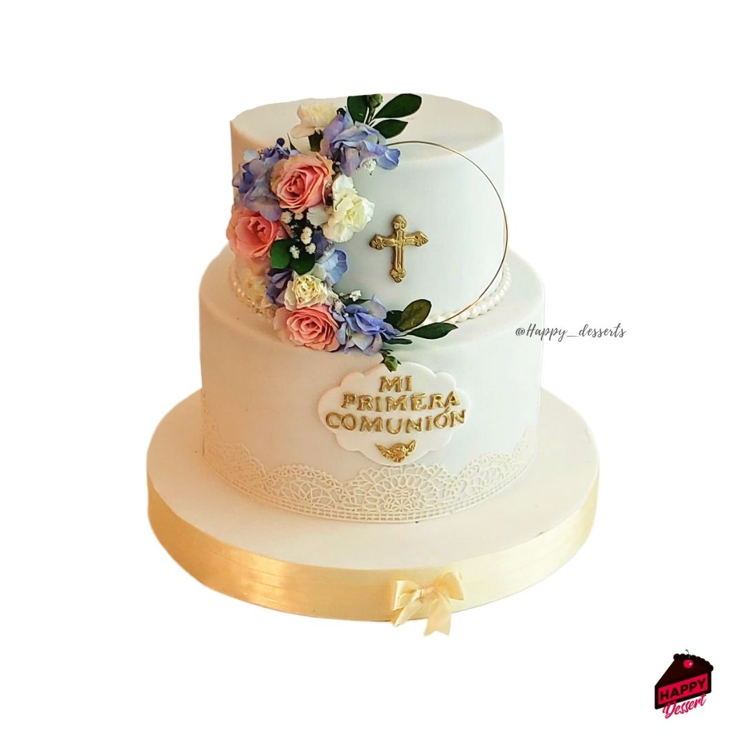 Pastel Primera Comunión con flores - HAPPY DESSERT Pastel Primera ...